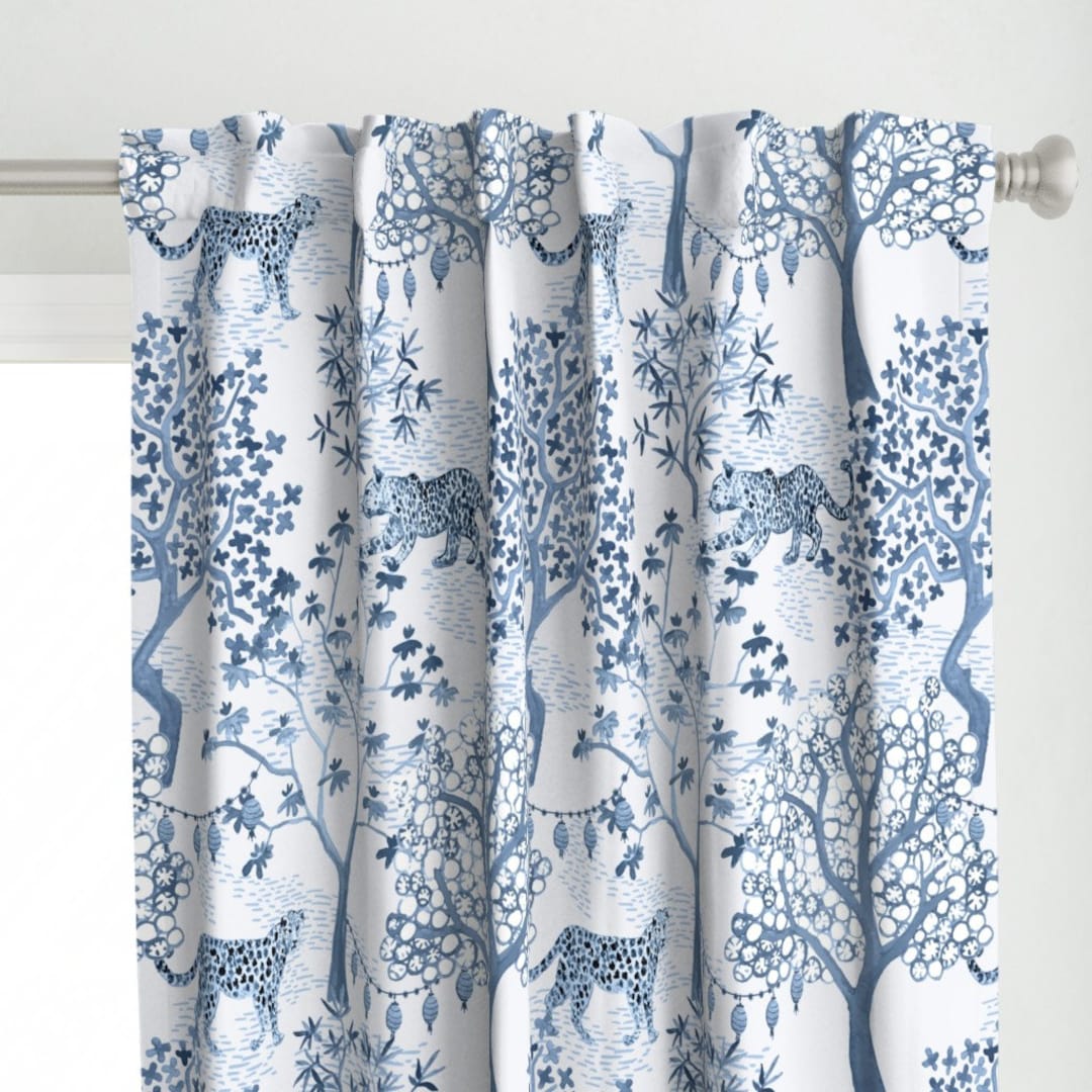 Leopard Chinoiserie Curtain Panel - Vintage Style Blue and White Custom ...