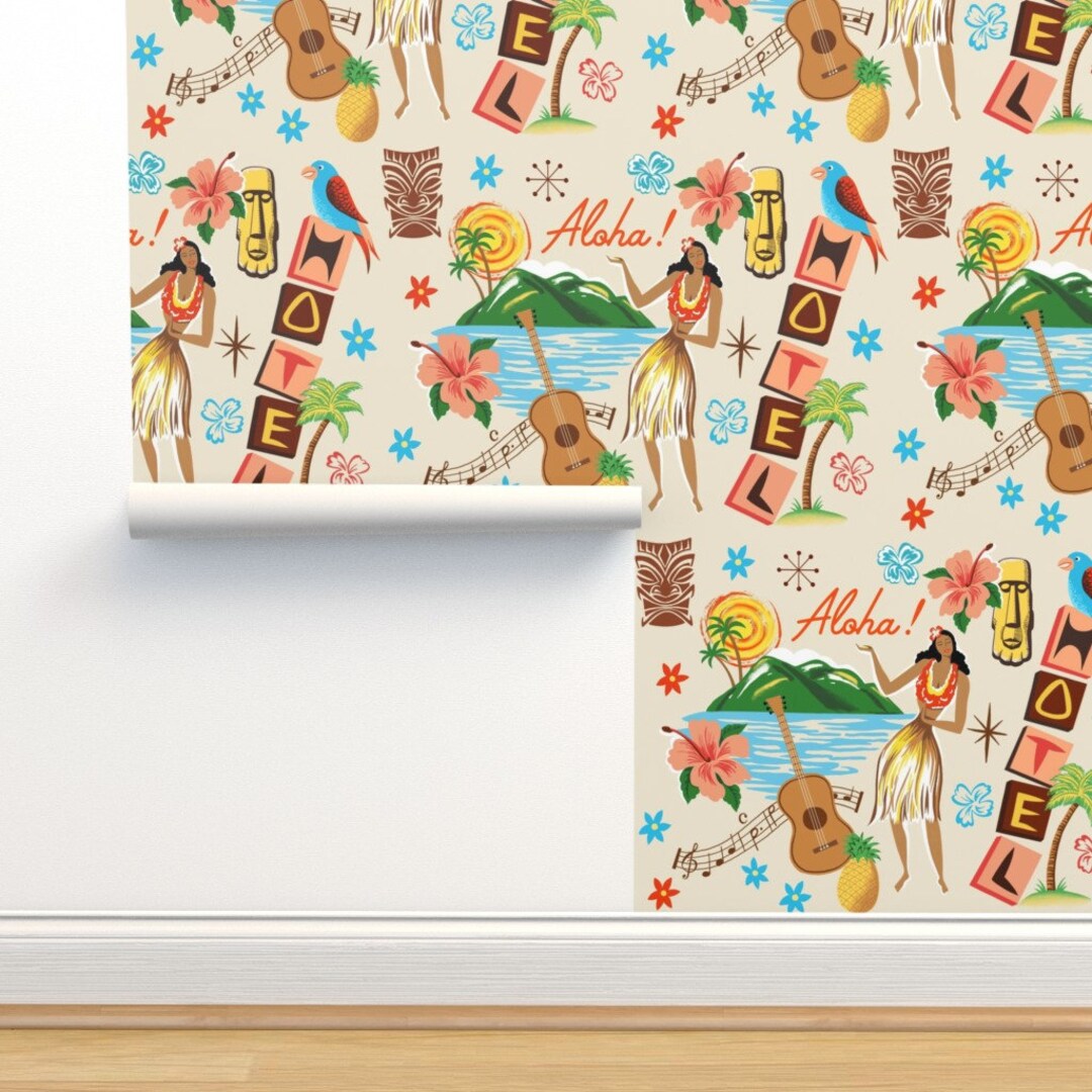 Hula Girl Commercial Grade Wallpaper Hawaiian Holiday Aloha Retro By Rubyritz Mid Century Tiki