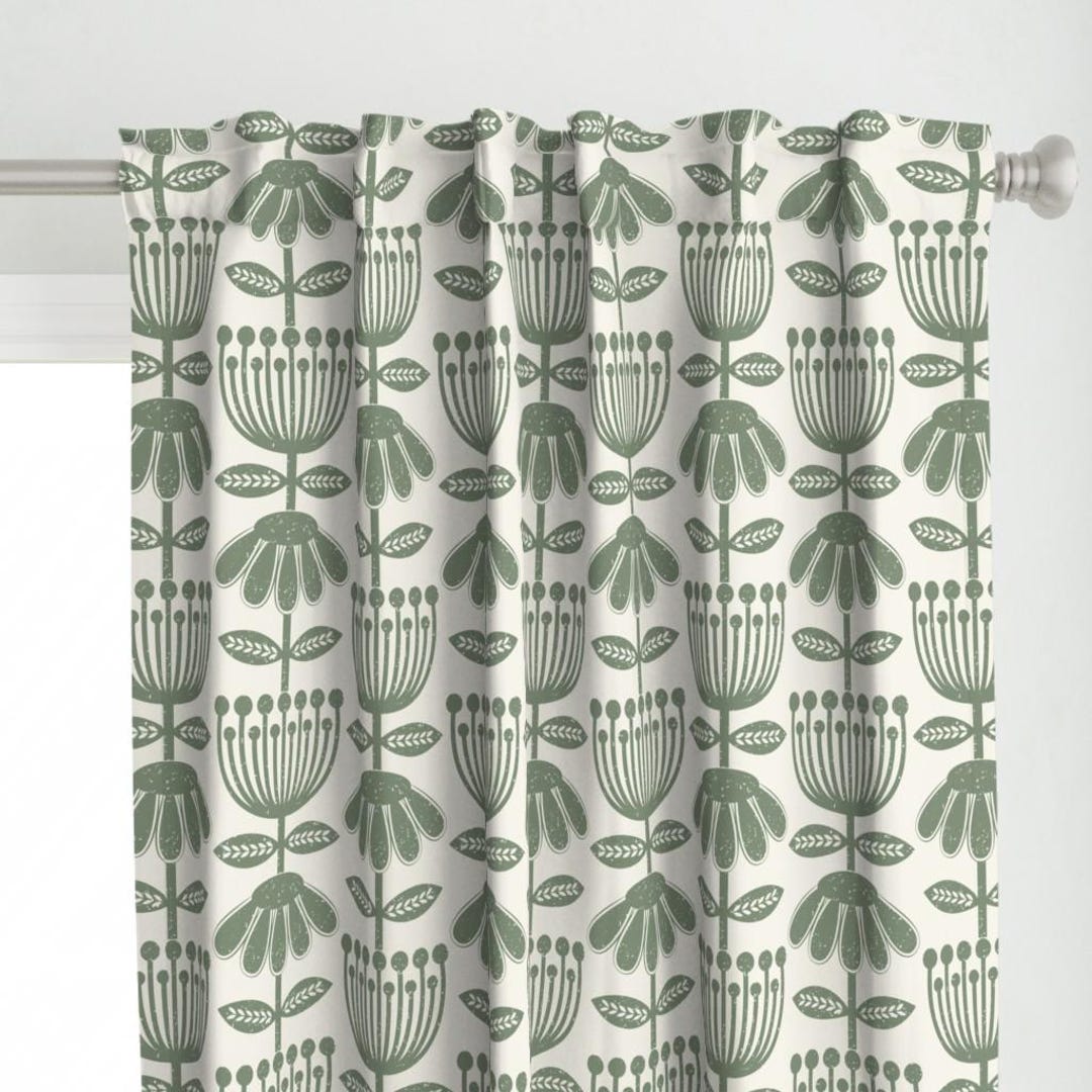 Scandi Flowers Curtain Panel - Green Hand Drawn Floral Scandinavian ...