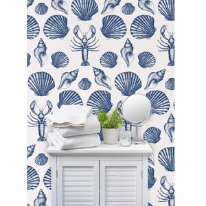 Coastal Toile Non-pasted Wallpaper - Lobster and Seashells by Studio ...