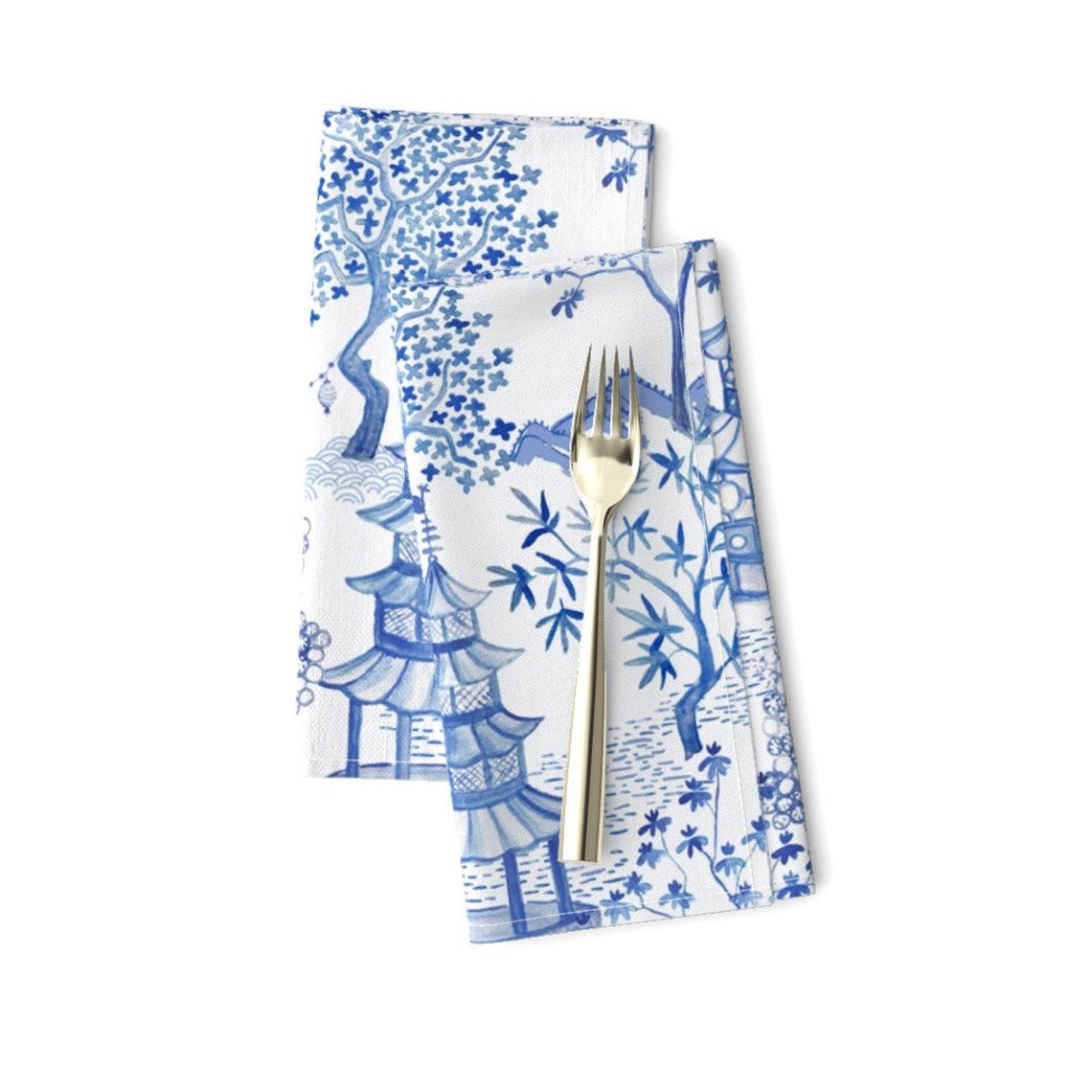 Chinoiserie Dinner Napkins set of 2 Pagoda Forest Blues by | Etsy