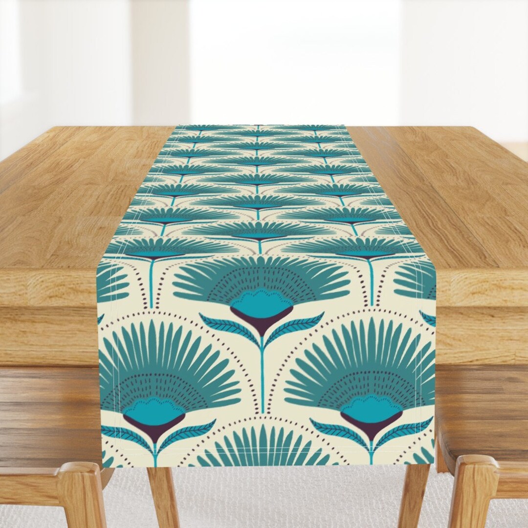 Geometric Floral Table Runner - Art Deco Lotus Flowers Large Scale ...