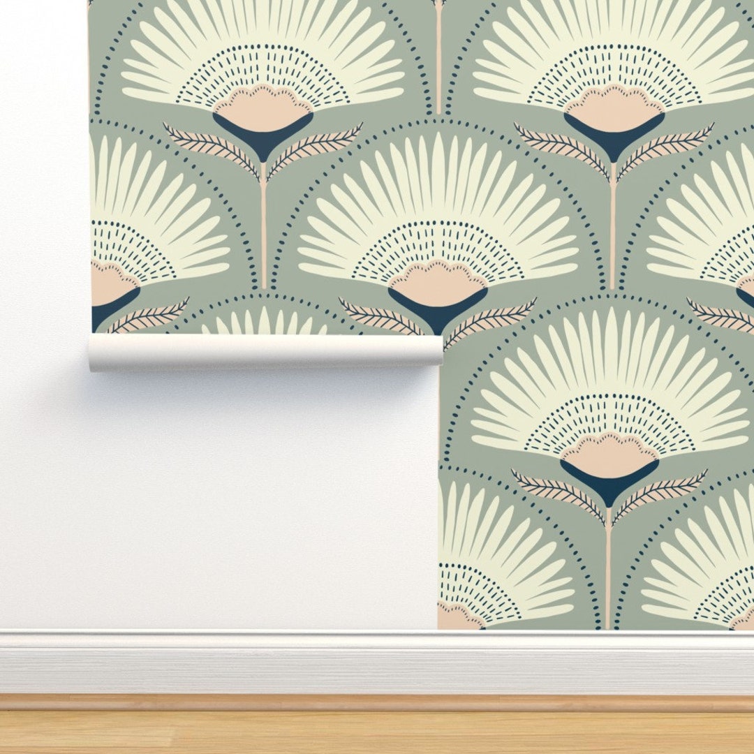 Deco Non-pasted Wallpaper Palm Floral Sage Green White - Jumbo Palms on ...