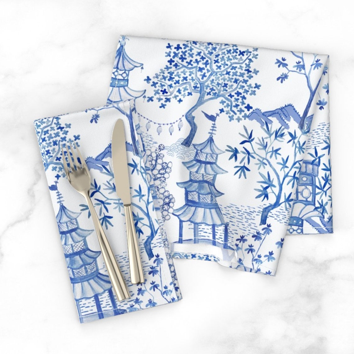 Chinoiserie Dinner Napkins set of 2 Pagoda Forest Blues by - Etsy