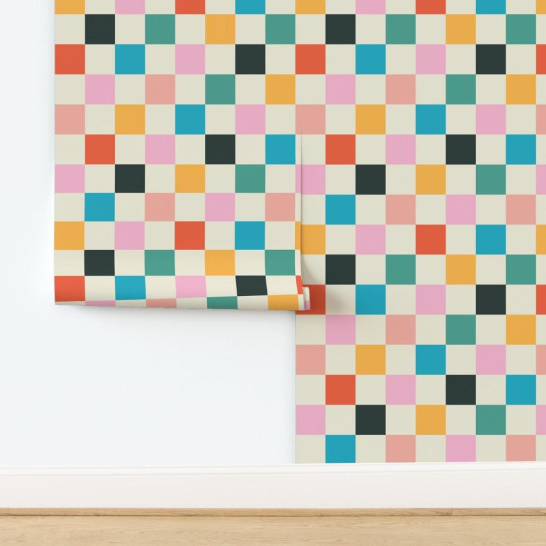 Retro Checkerboard Non-pasted Wallpaper - Bright Mid-century Check by ...
