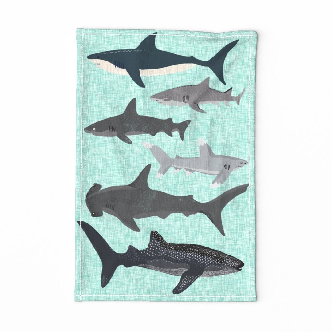 Shark Tea Towel - Sharks on Blue by Andrea_lauren - Nautical Animal ...