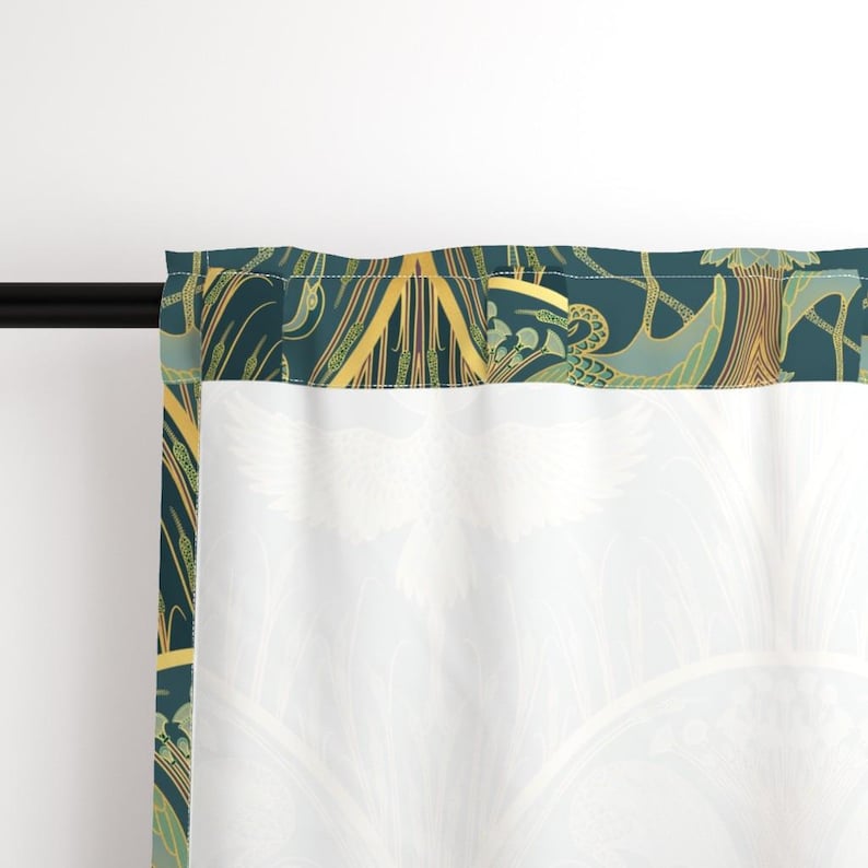Art Deco Curtain Panel - Crane Art Nouveau Moonlight Cattails Elegant ...