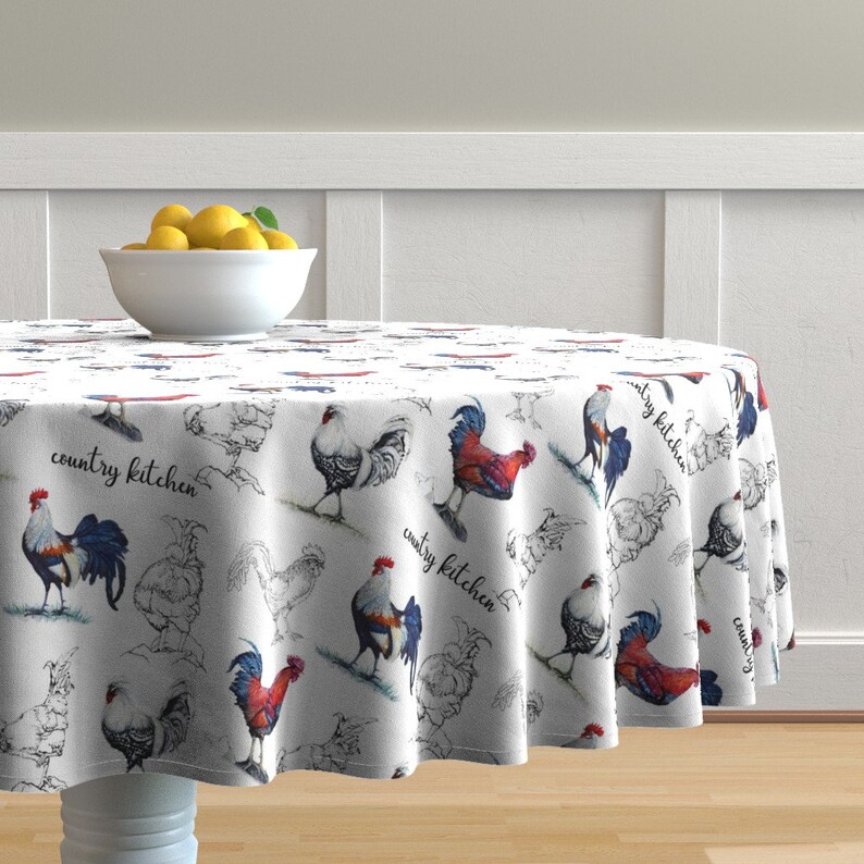 Rustic Chickens Round Tablecloth Roosters in the Kitchen by | Etsy