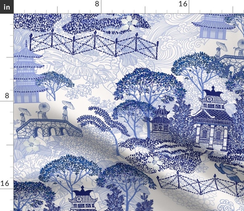 Chinoiserie Curtain Panel - Blue White Pagoda Antique Indigo Garden ...