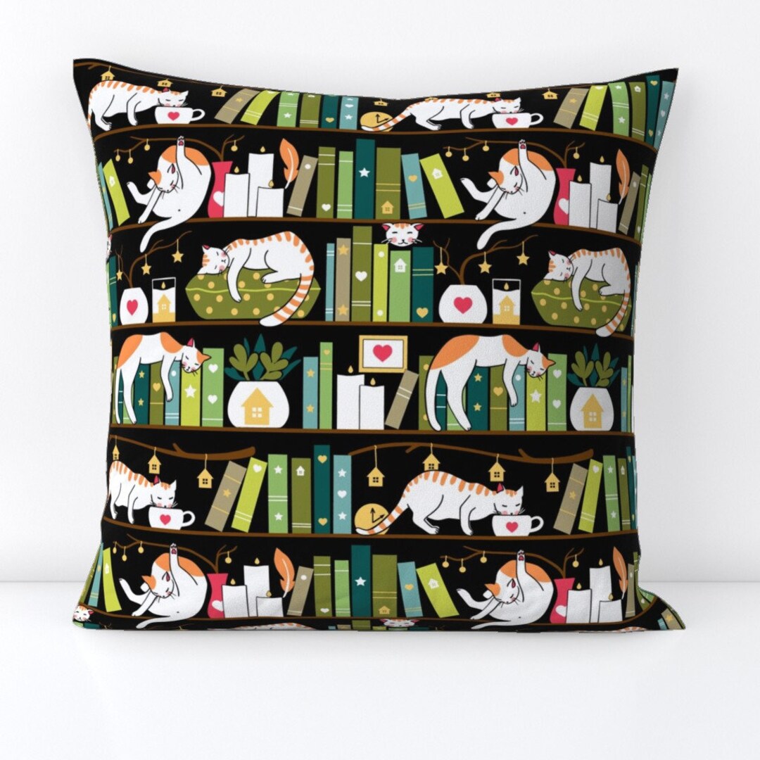 Books Throw Pillow Library Cats by Elena_naylor Feline Bookcase Hygge ...
