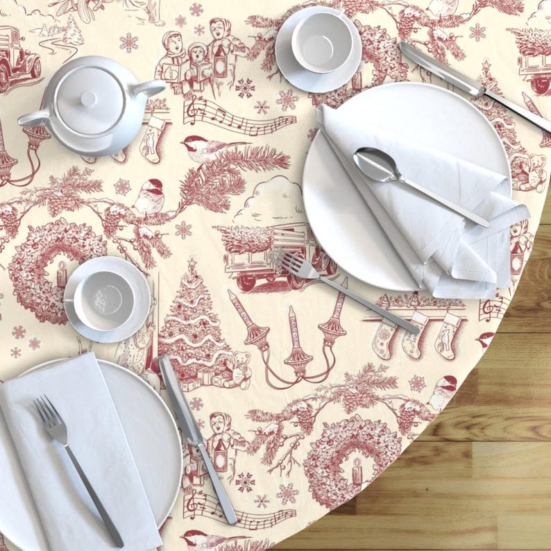Holiday Toile Tablecloth - Holiday Traditions by Vinpauld - Red on ...