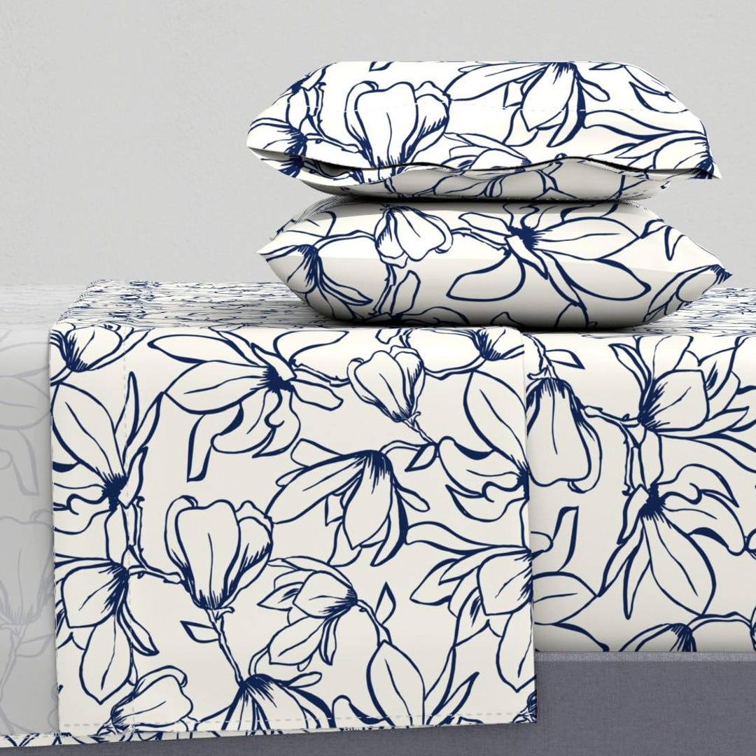 Floral Botanical Sheets - Magnolia Outline by Heatherdutton - Dark Blue ...