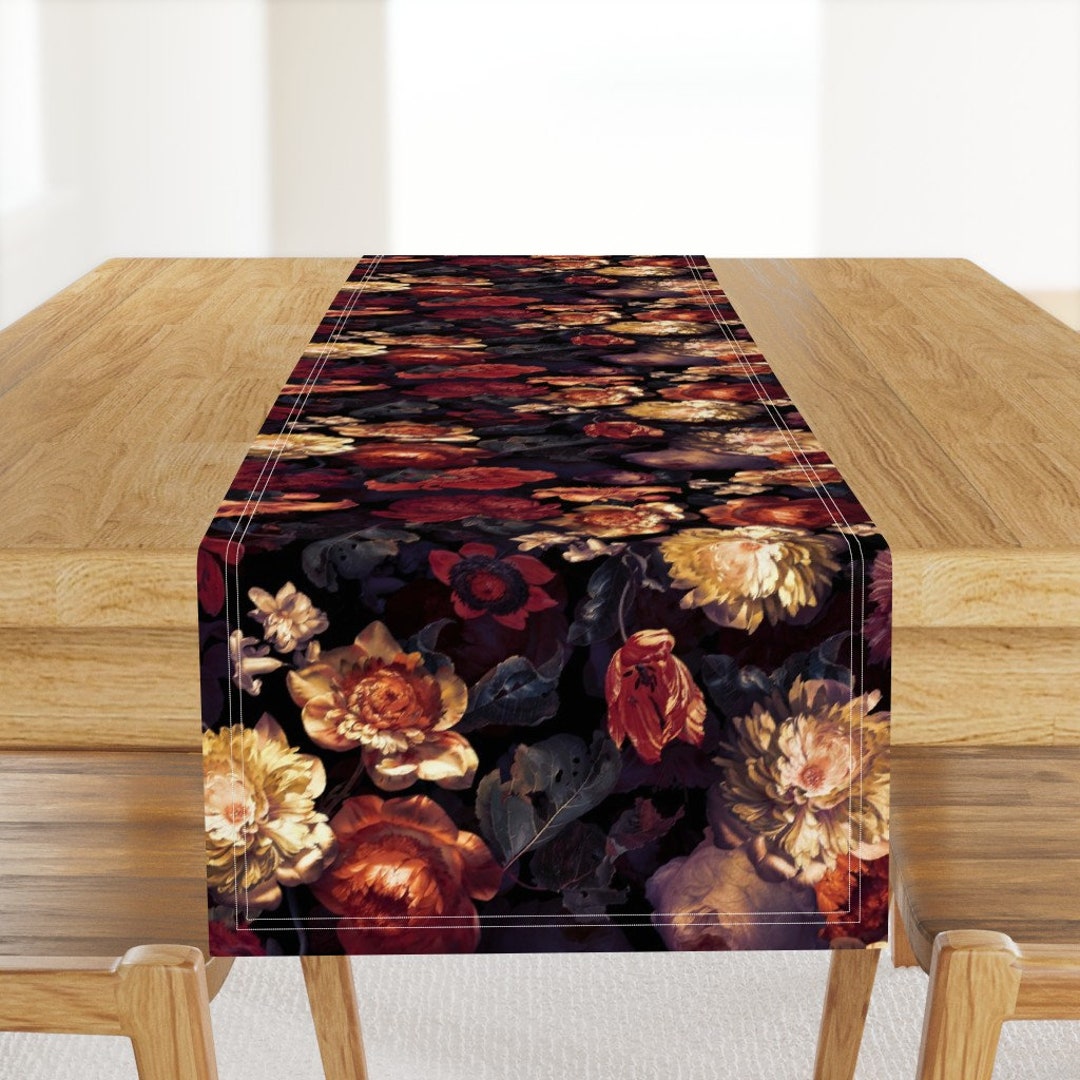 Dark Moody Floral Table Runner - Maximalist Baroque Garden Peony Poppy ...