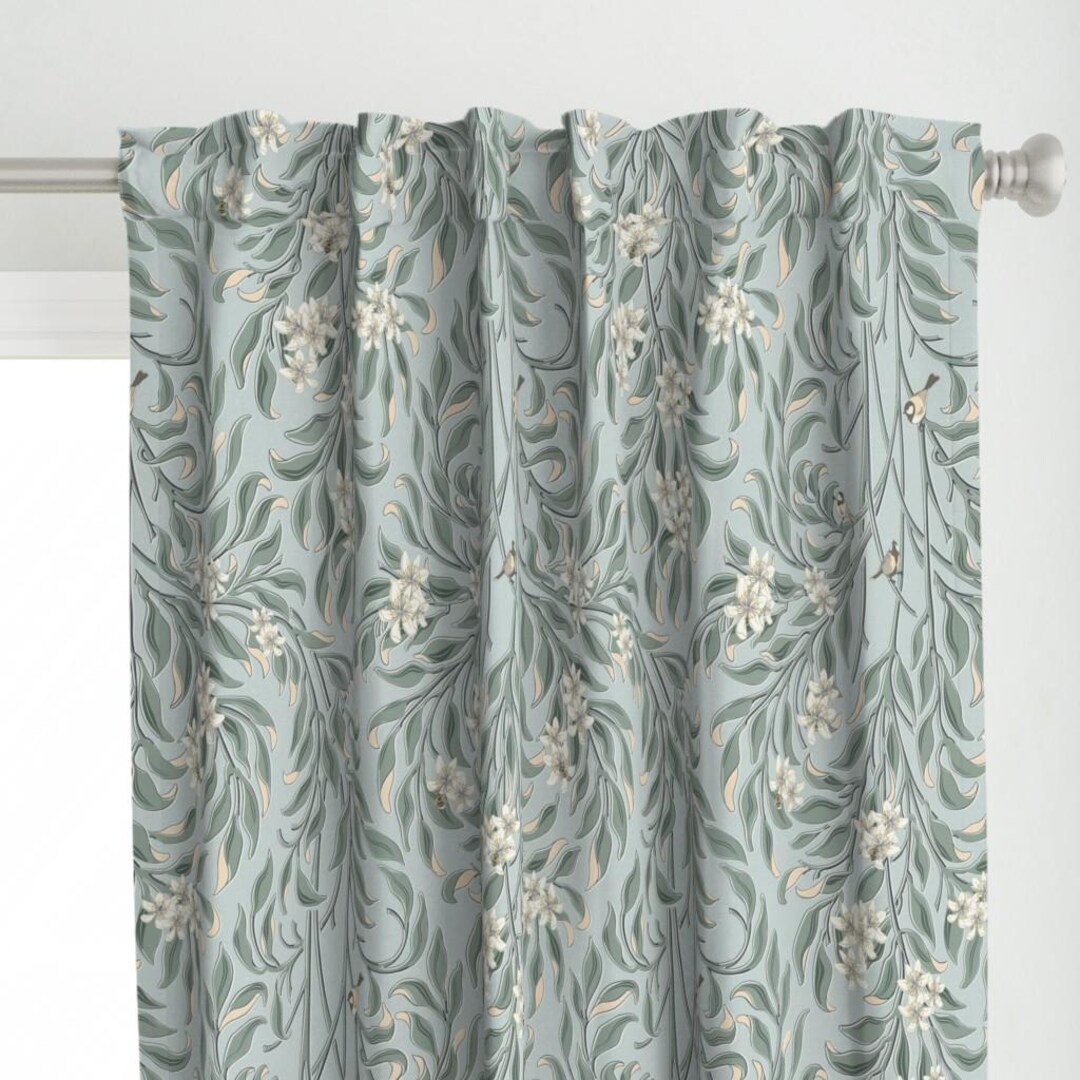 Blue Botanical Curtain Panel - Boughs and Birds by Wildgeraniumdesign ...