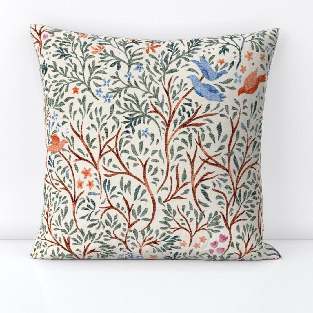 Whimsical Throw Pillow - Cottagecore Nature Trees Leaves Birds Floral ...