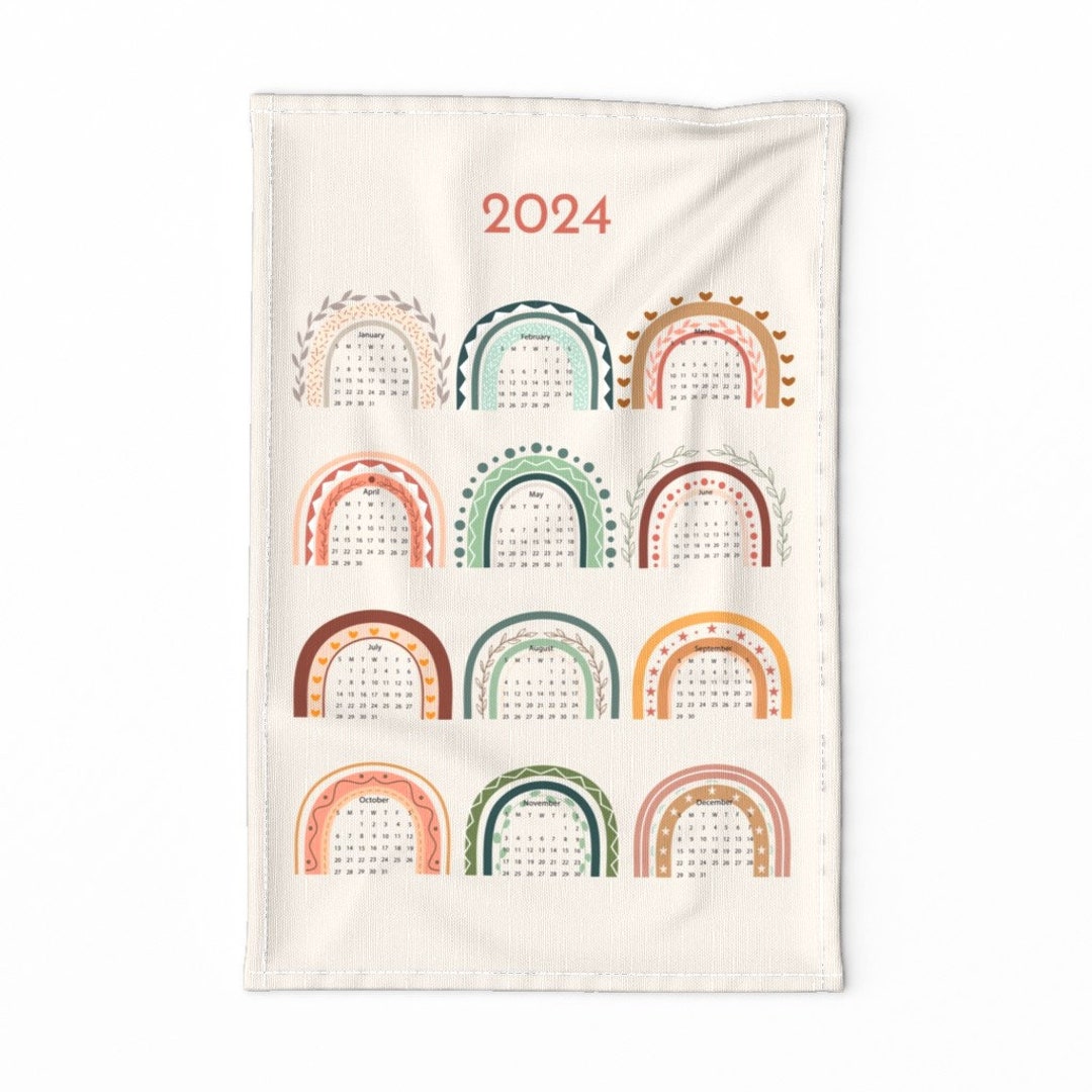 Boho Rainbows Tea Towel 2024 Calendar by Elinnet Bohemian Neutral 2024 ...