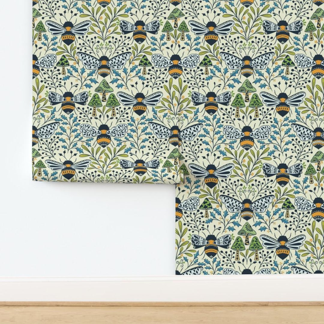 Bumblebee Non-pasted Wallpaper Nature Damask Botanical Mushroom - Bee Kingdom Blue by Ozdebayer ...