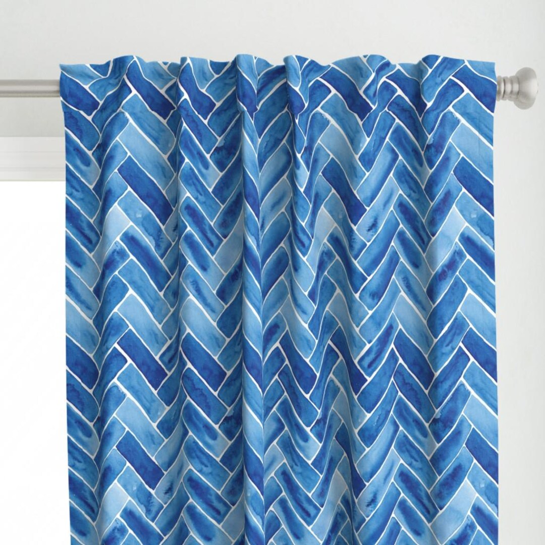Blue Herringbone Curtain Panel - Watercolor Large Scale Classic Nursery ...