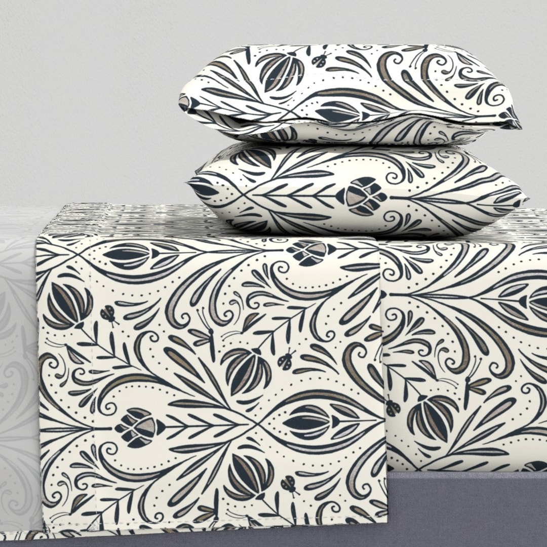 Modern Damask Sheets Rochelle by Amy_maccready Black Ivory Botanical ...