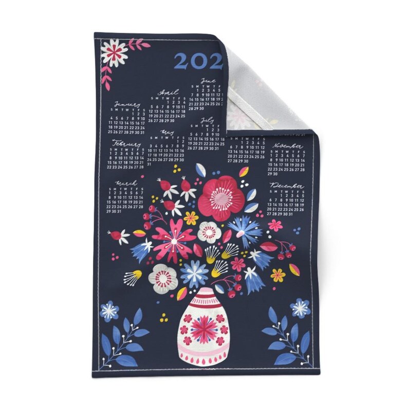 2026 Calendar Tea Towel - 2026 Calendar Folk Bouquet by Marketa_stengl ...
