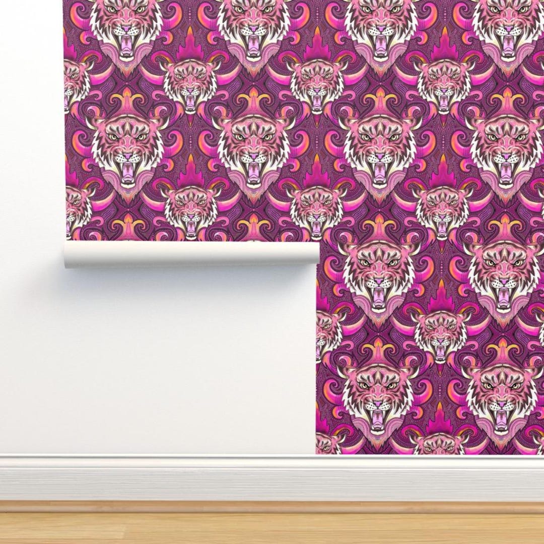 Tiger Heads Non-pasted Wallpaper Pink Tigers Damask Tiger Tattoo - Pink ...