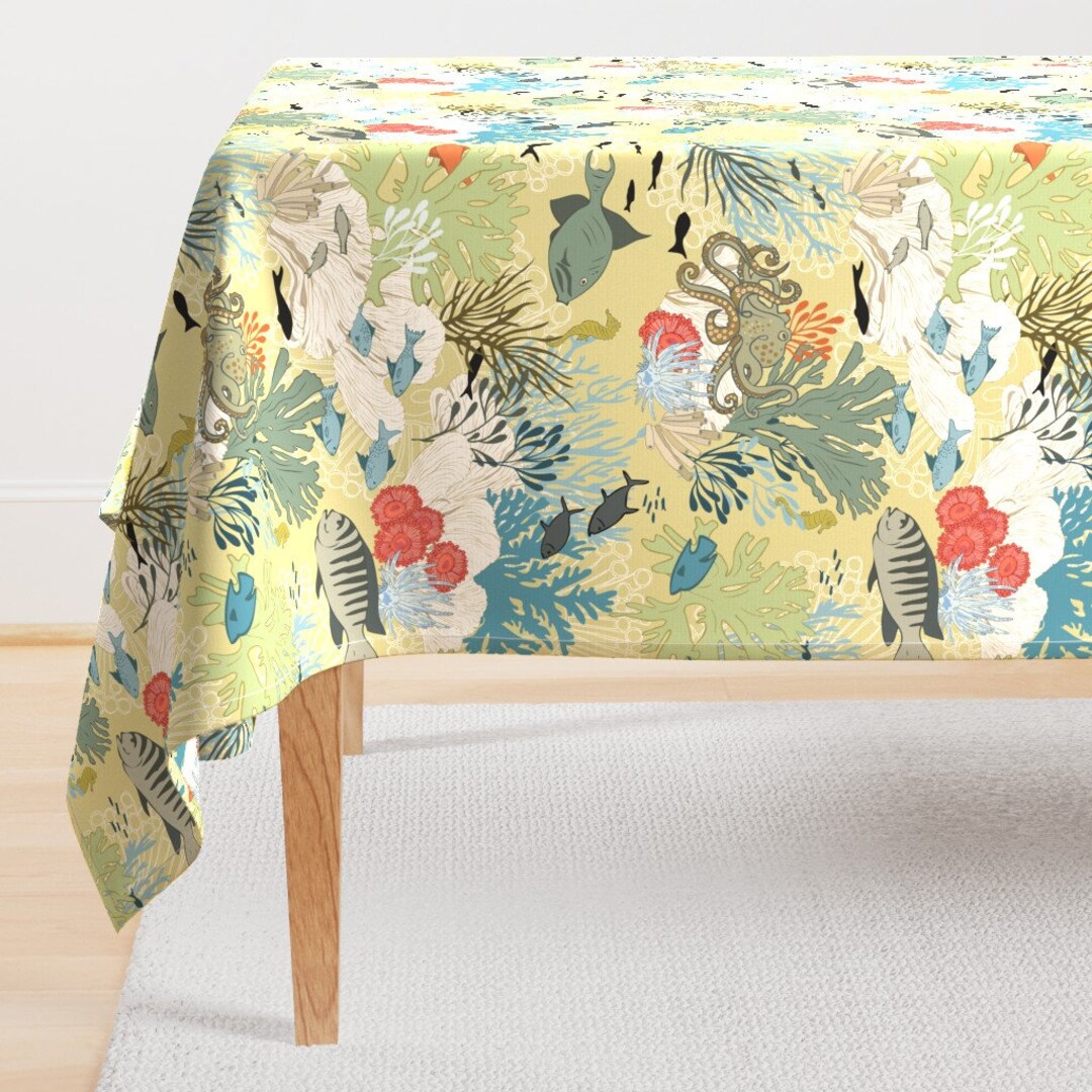 Ocean Tablecloth Coral Reef Straw Yellow by Fernlesliestudio Fish Coral ...