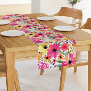 Bright Pink Floral Table Runner - Watercolor Flower Frenzy by ...