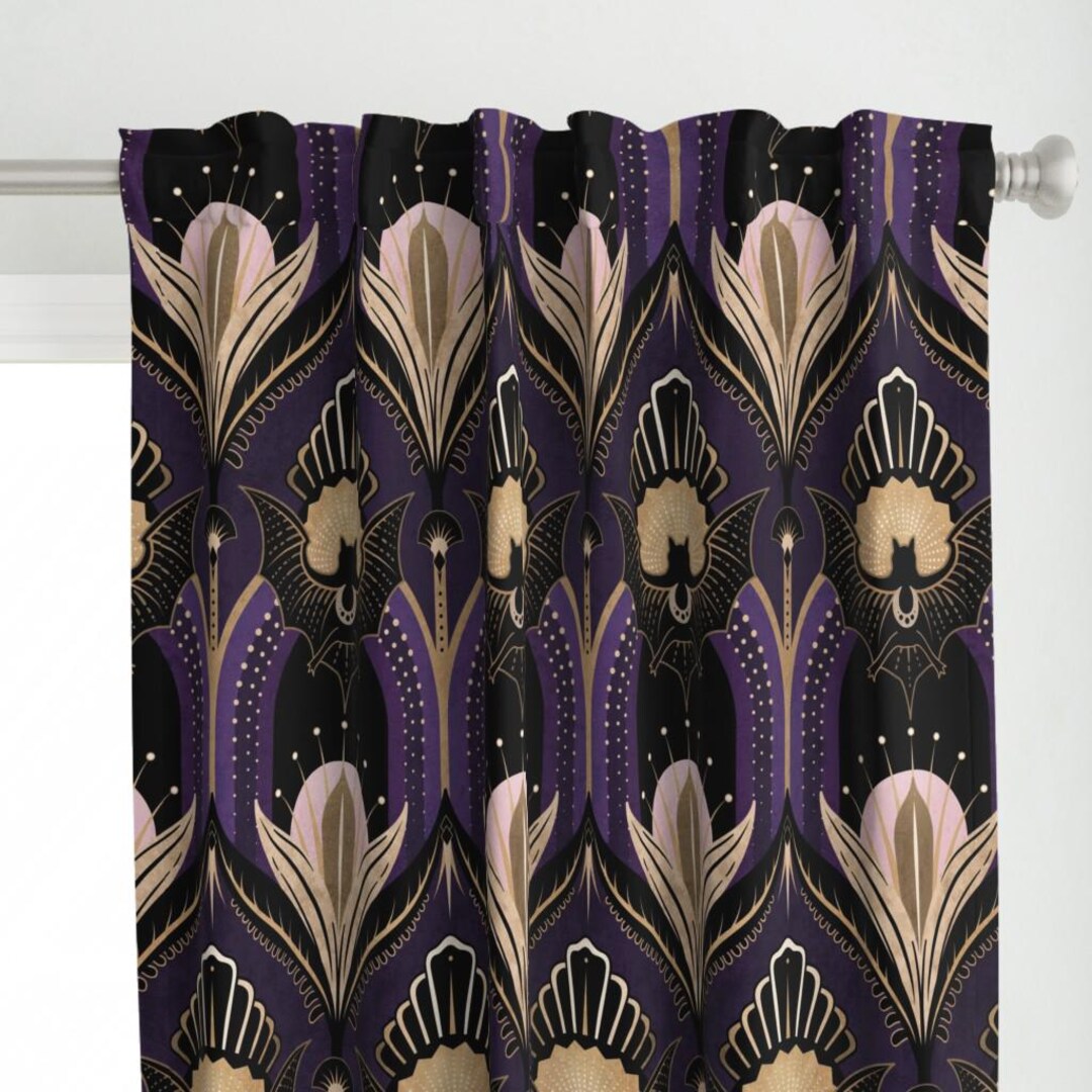 Art Deco Bats Curtain Panel - Elegant Art Deco Purple Black Maximalist ...