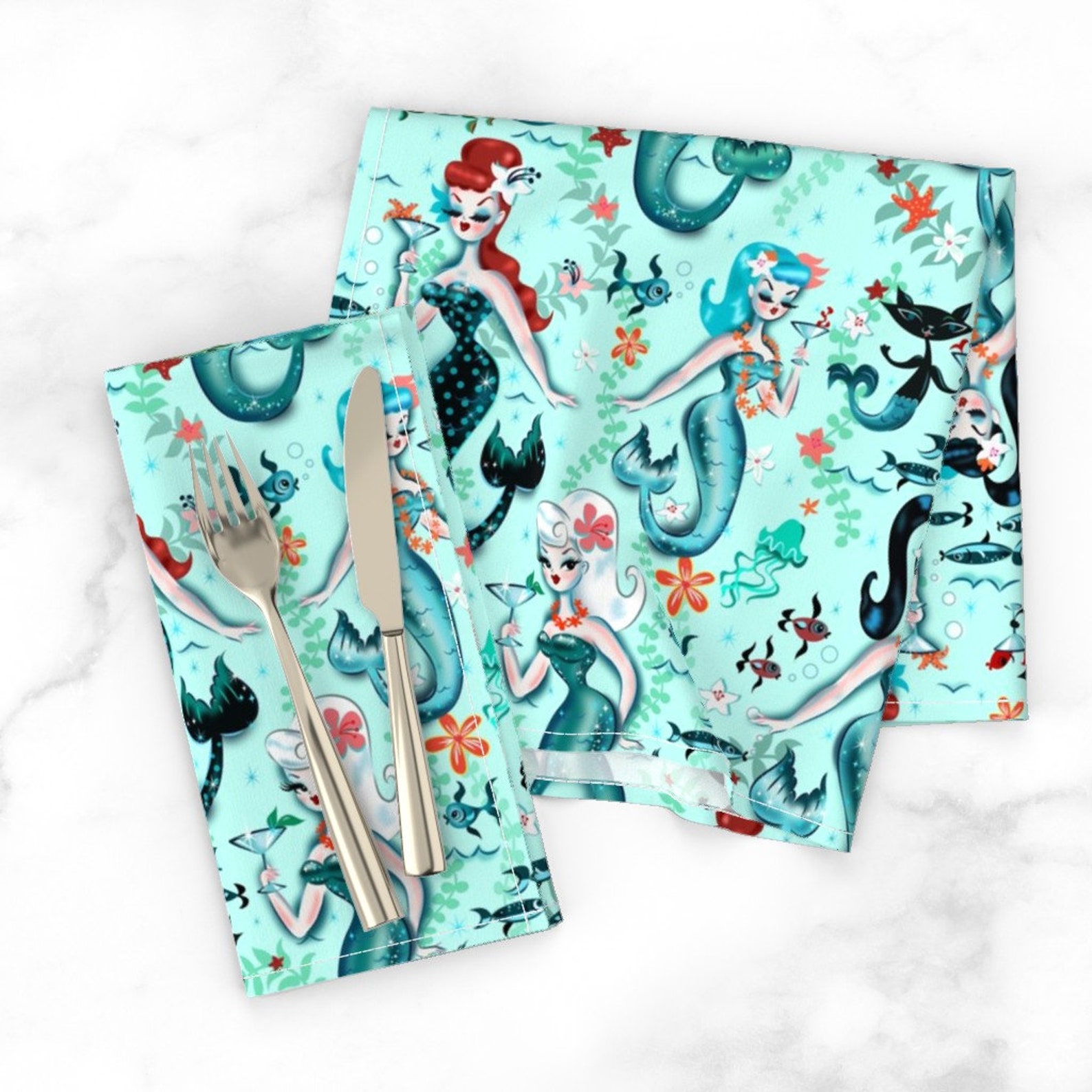 Aqua Retro Mermaids Dinner Napkins set of 2 Martini | Etsy