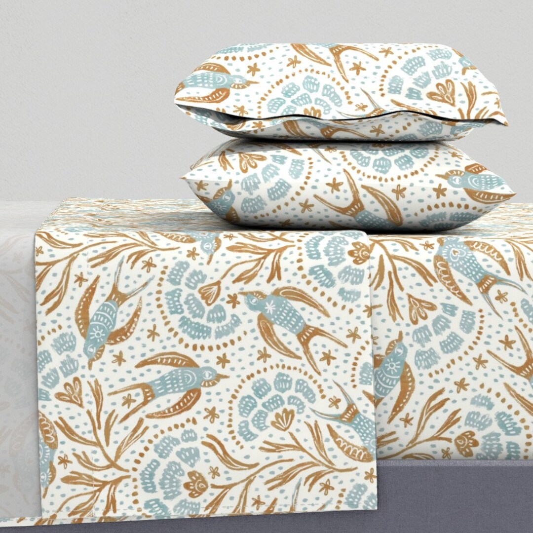 Folk Art Birds Sheets Happy Folk Birds by De_koro Pastel Light Blue ...