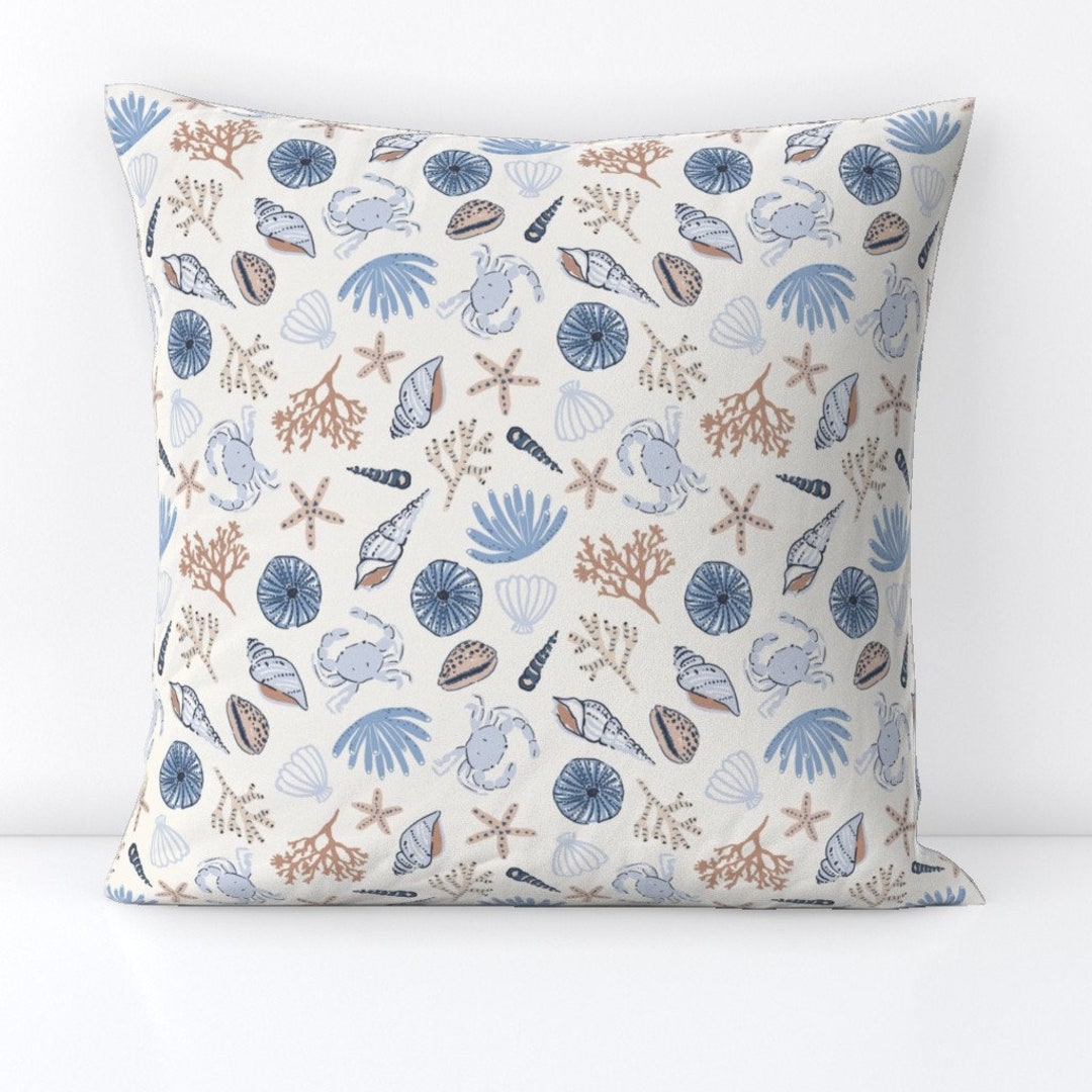 Coastal Seashell Throw Pillow - Soft Blue Cream Sea Life Nautical Coral ...
