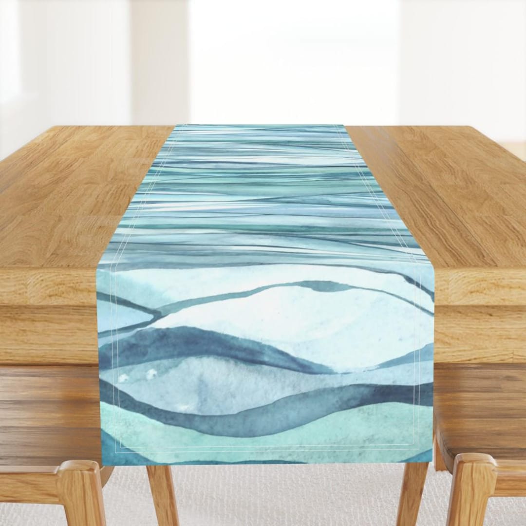Watercolor Table Runner - Abstract Waves Lines Water Coastal Ocean ...