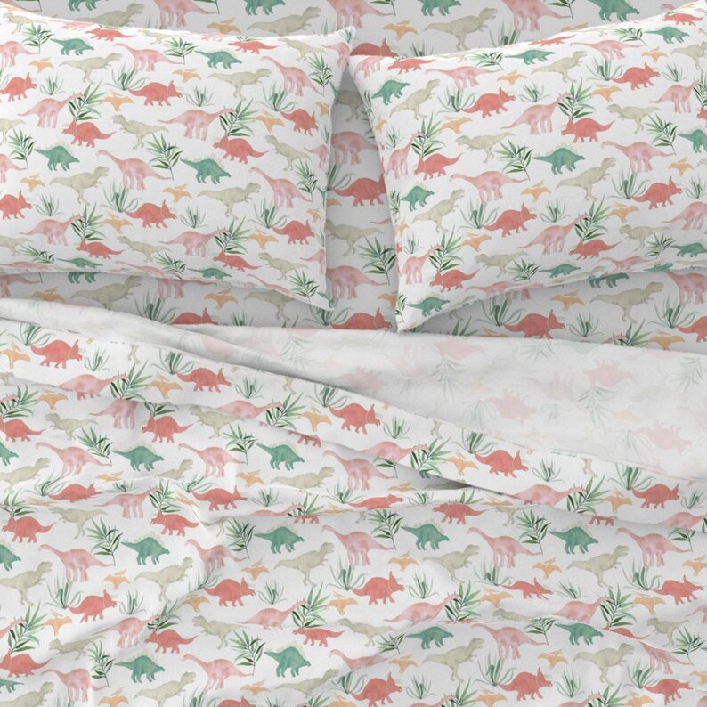Cute Dinosaurs Sheets - Pretty Dinos by Mintpeony - Pink Teal Aqua ...