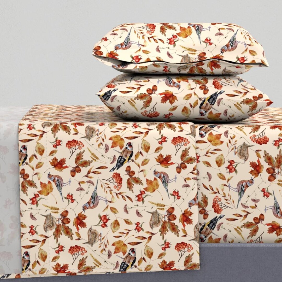 Watercolor Autumn Sheets - Fall Forest by Utart - Woodland Birds Leaves ...