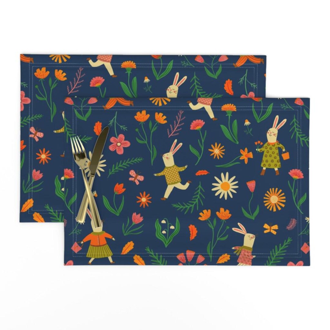 Whimsical Rabbits Placemats Set of 2 - Spring Floral Cute Animals ...