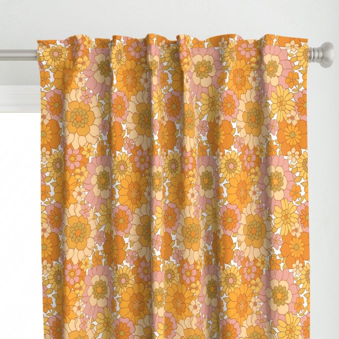 1970s Floral Curtain Panel Avery Retro Floral on White by Red_raspberry ...