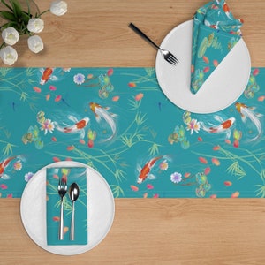 Koi Fish Table Runner Japanese Water Garden Teal by - Etsy