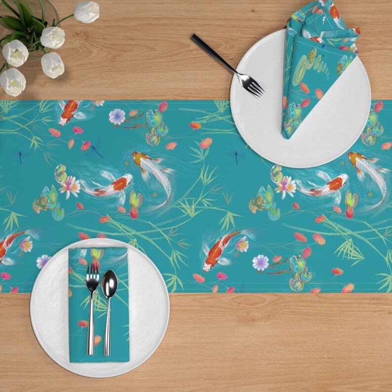 Koi Fish Table Runner Japanese Water Garden Teal by - Etsy