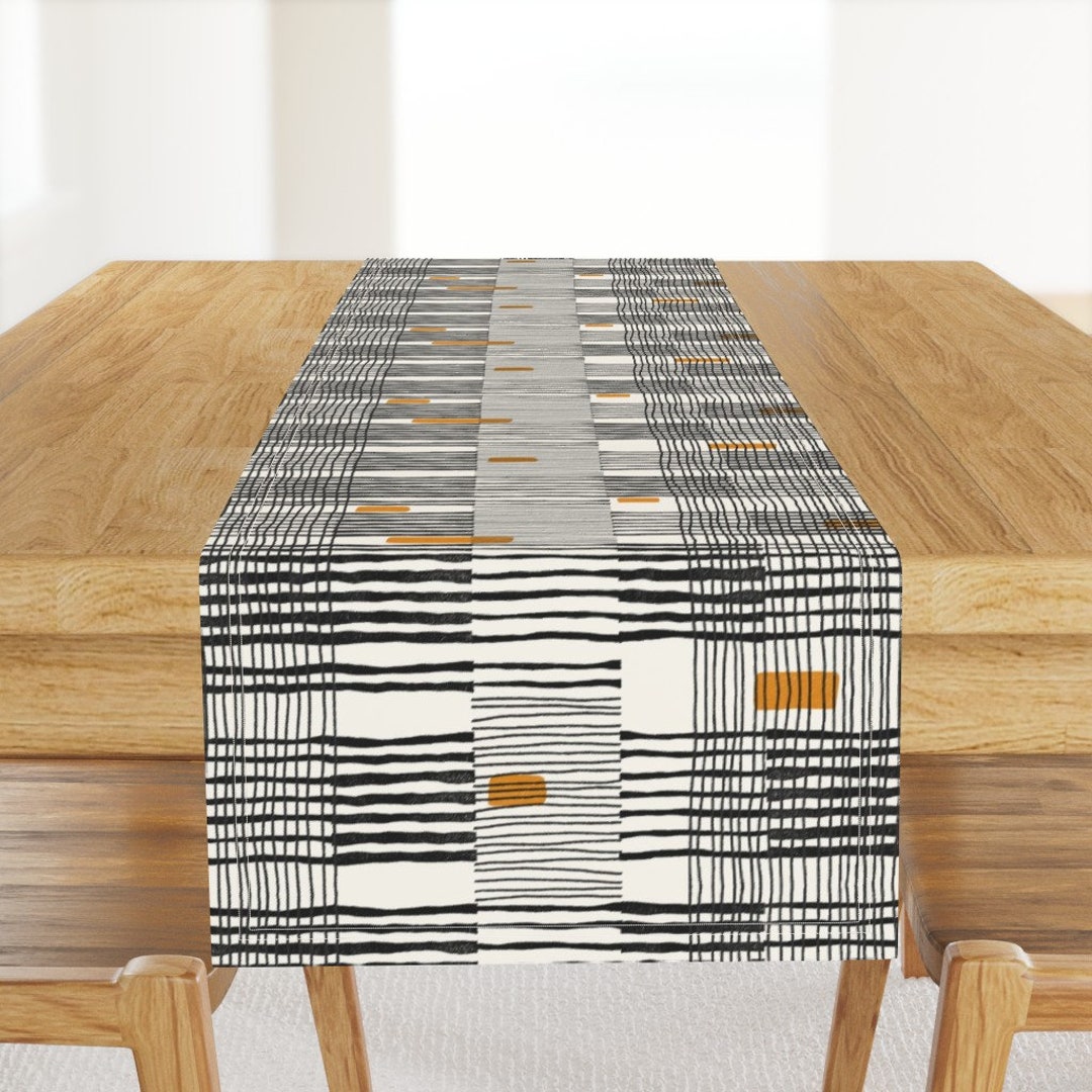 Abstract Plaid Table Runner - Block Print Orange Black Cream Minimal ...