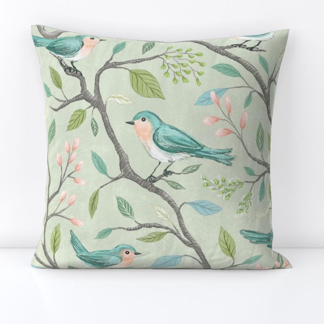 Cottagecore Throw Pillow - Bluebirds on Branches by Thatpolymath ...