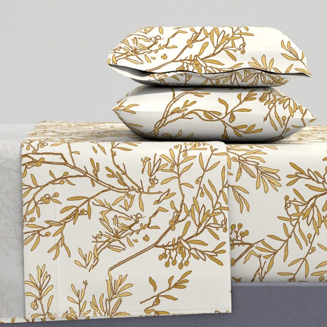 Ivory Chinoiserie Sheets - Mustard Branches by Etienne - Gold Leaves ...