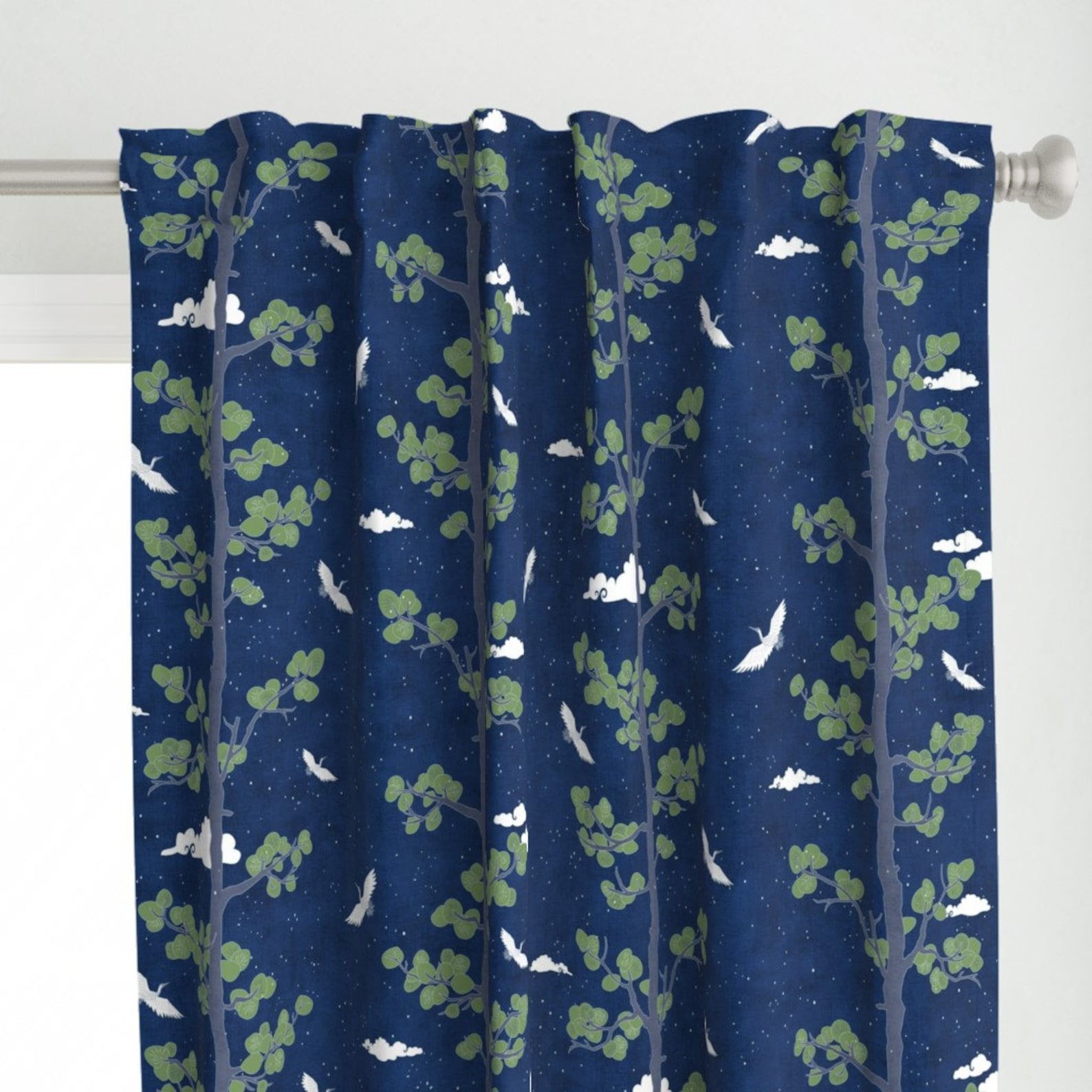 Japanese Crane Curtain Panel - Indigo Navy Blue Birds Trees Vines ...