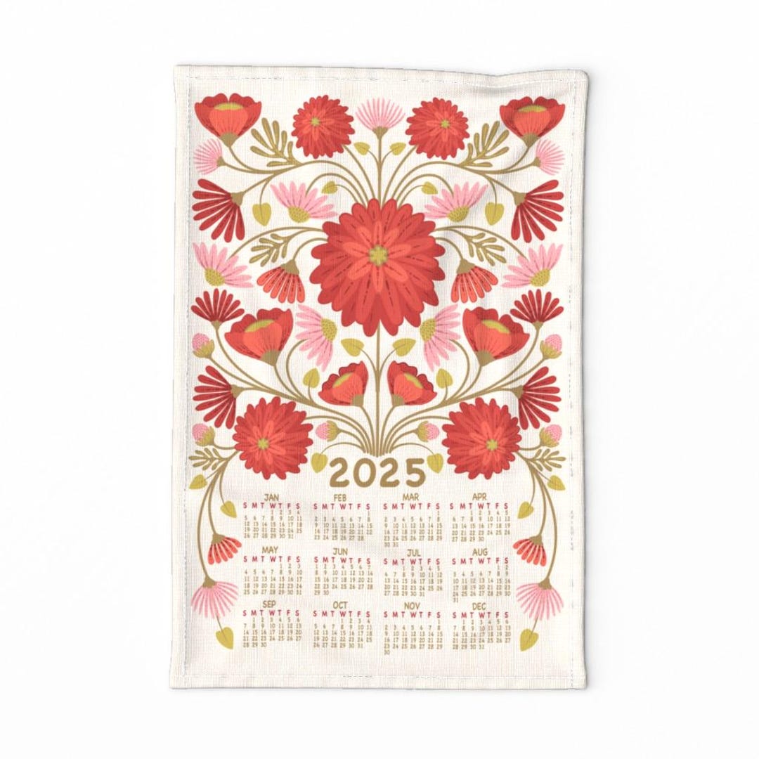2026 Calendar Tea Towel - Red and Pink Flowers by Garabateo - Boho ...
