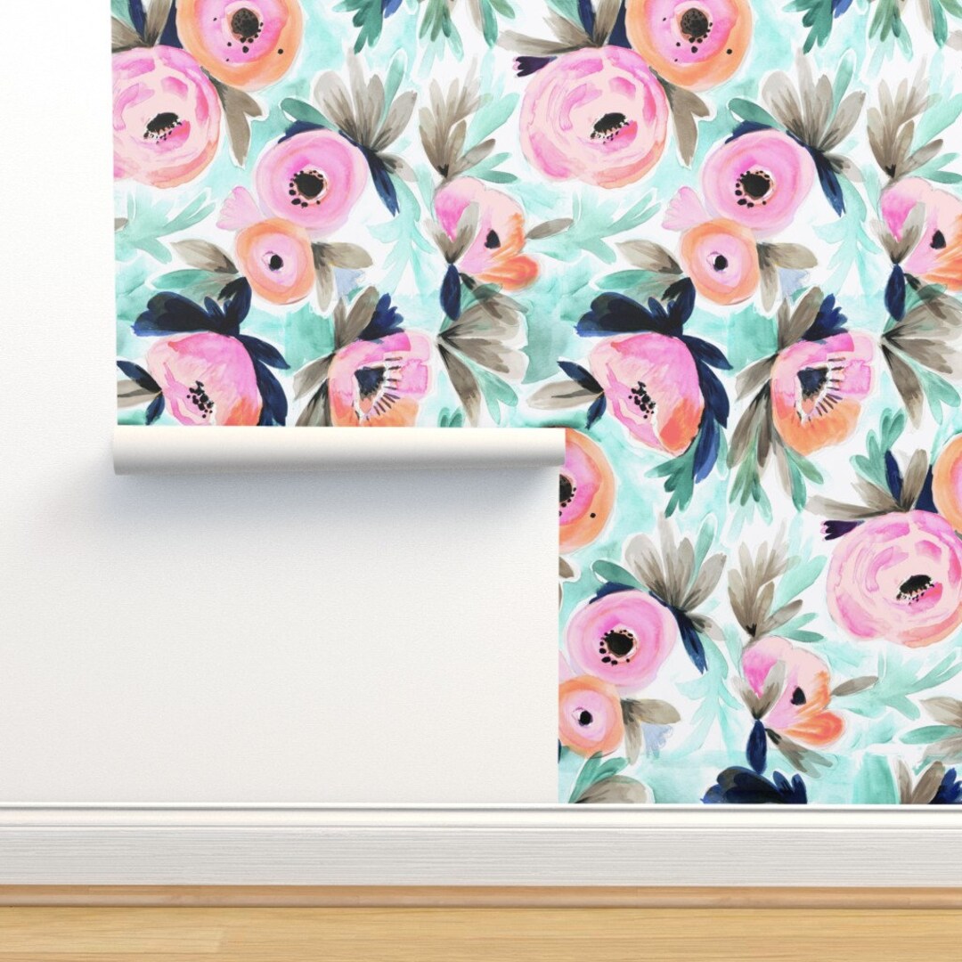 Aqua Pink Floral Non-pasted Wallpaper Large Scale Flower Peony Rose ...