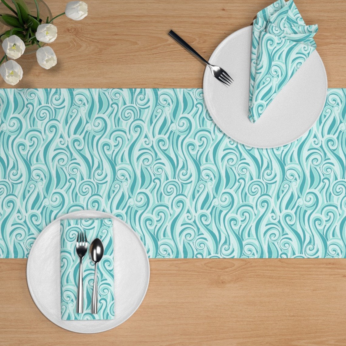 Nautical Table Runner Ocean Waves Aqua by Littlerhodydesign - Etsy