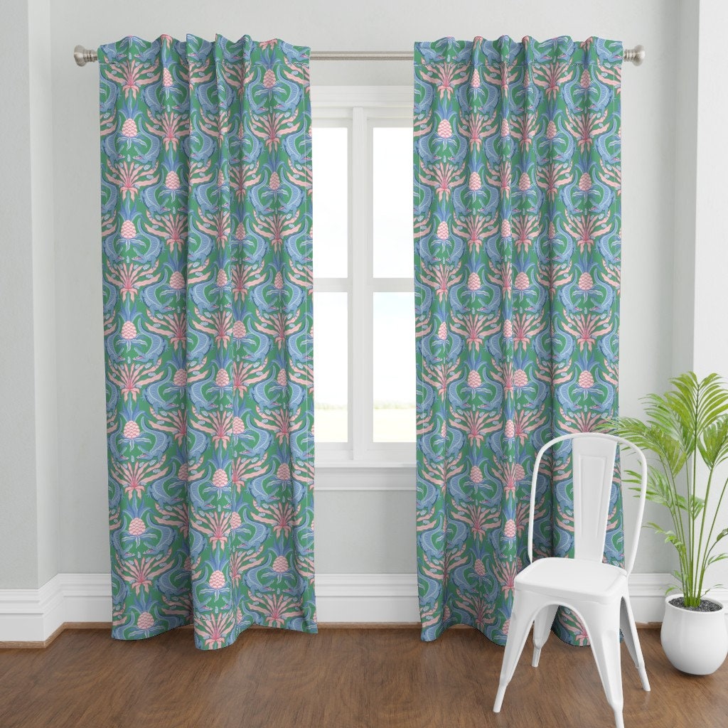 Blue Crocodiles Curtain Panel - Maximalist Tropical Jungle Fantasy ...
