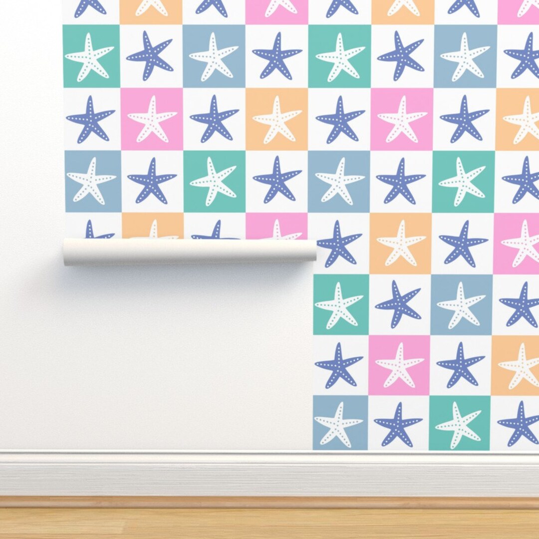 Pastel Starfish Non-pasted Wallpaper Colorful Checks Whimsical Fun Cute ...