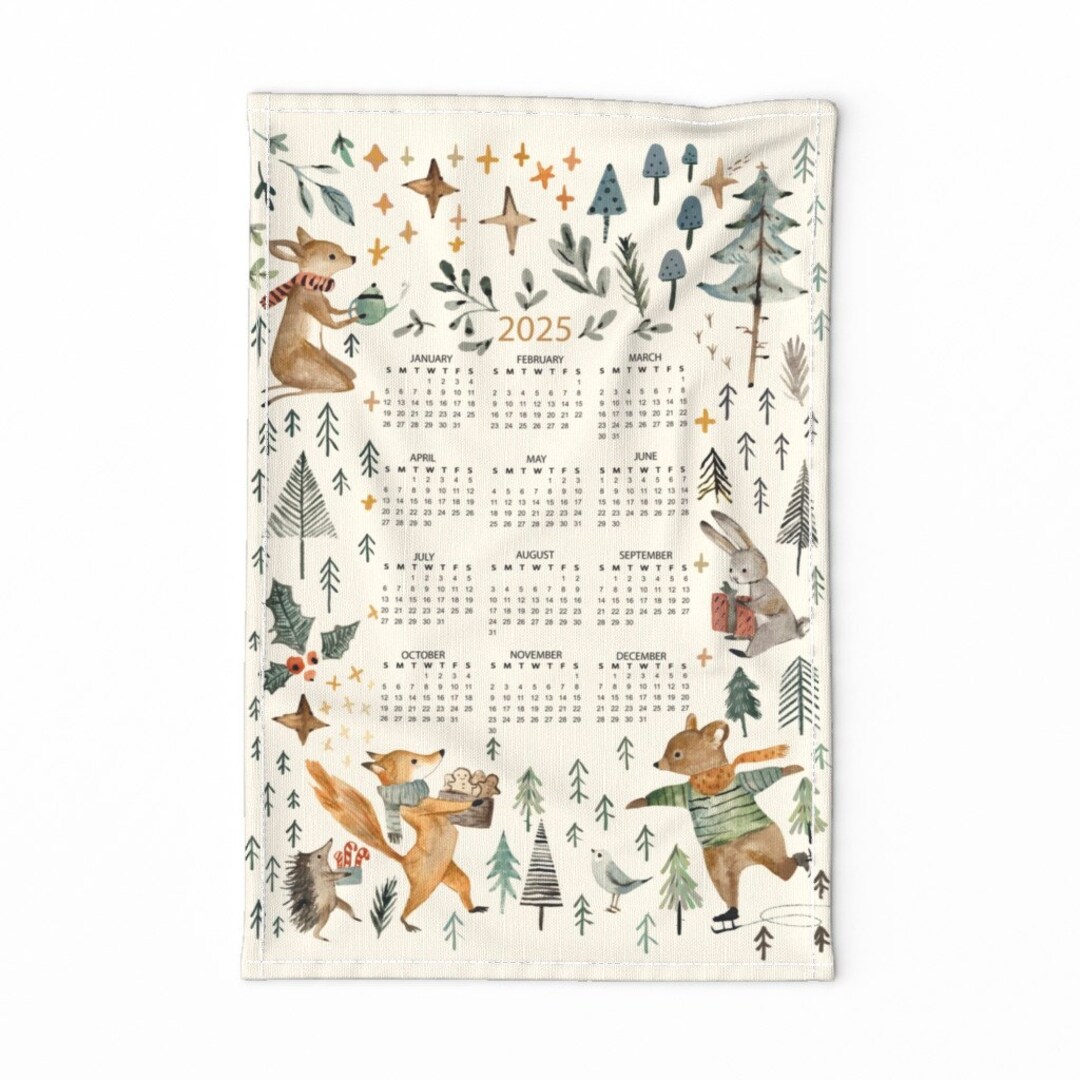 2025 Calendar Tea Towel Woodland by Gomboc Woodland Animals Nursery ...