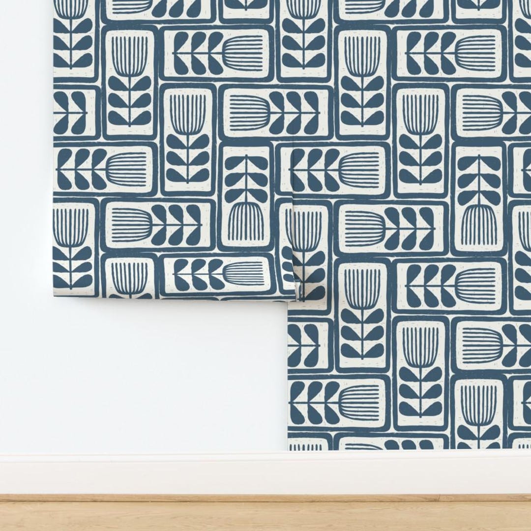 Retro Block Print Non-pasted Wallpaper Blue Abstract Flowers ...