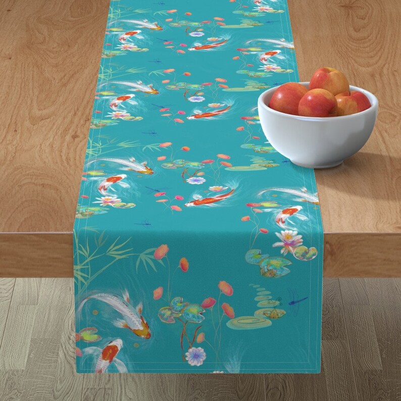 Koi Fish Table Runner Japanese Water Garden Teal by - Etsy